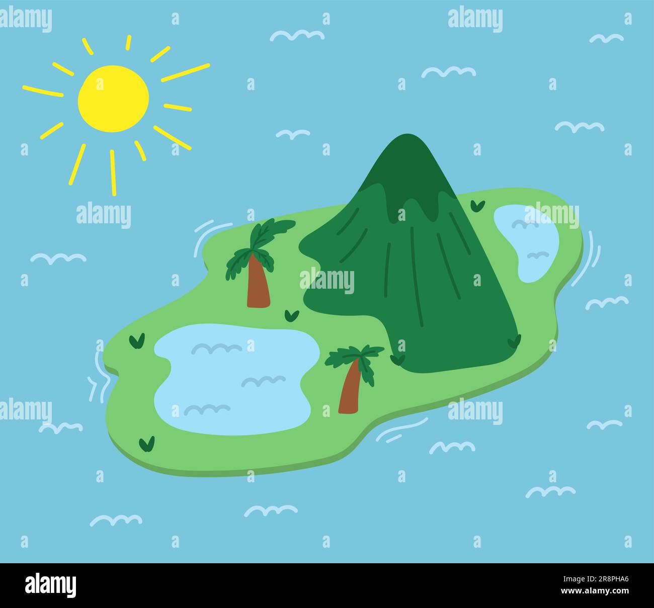 Green mountain peak on small island with palm trees and lakes. tropical ...