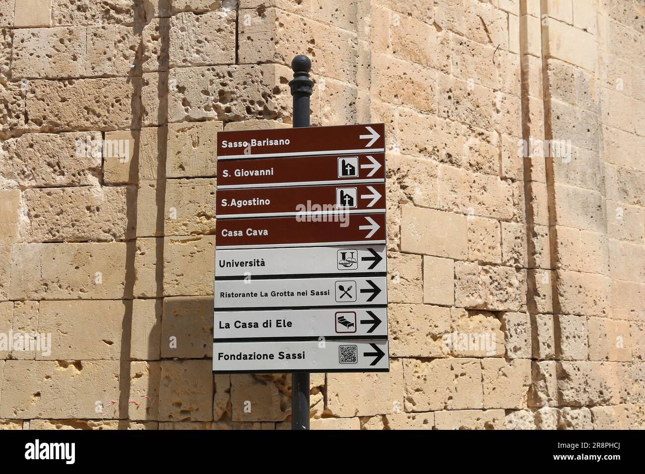 MATERA, ITALY - JUNE 4, 2017: Landmark direction signs in Matera, Italy ...