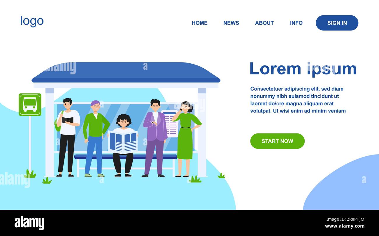 Cartoon passengers standing at bus stop Stock Vector Image & Art - Alamy