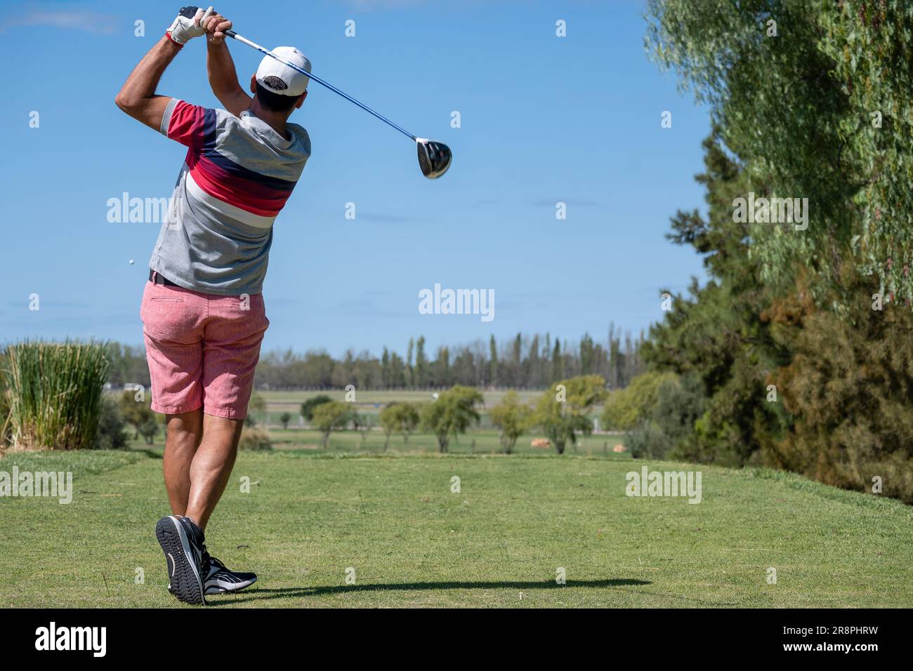 A Caucasian male golfer in action, swinging his golf club at the lush ...