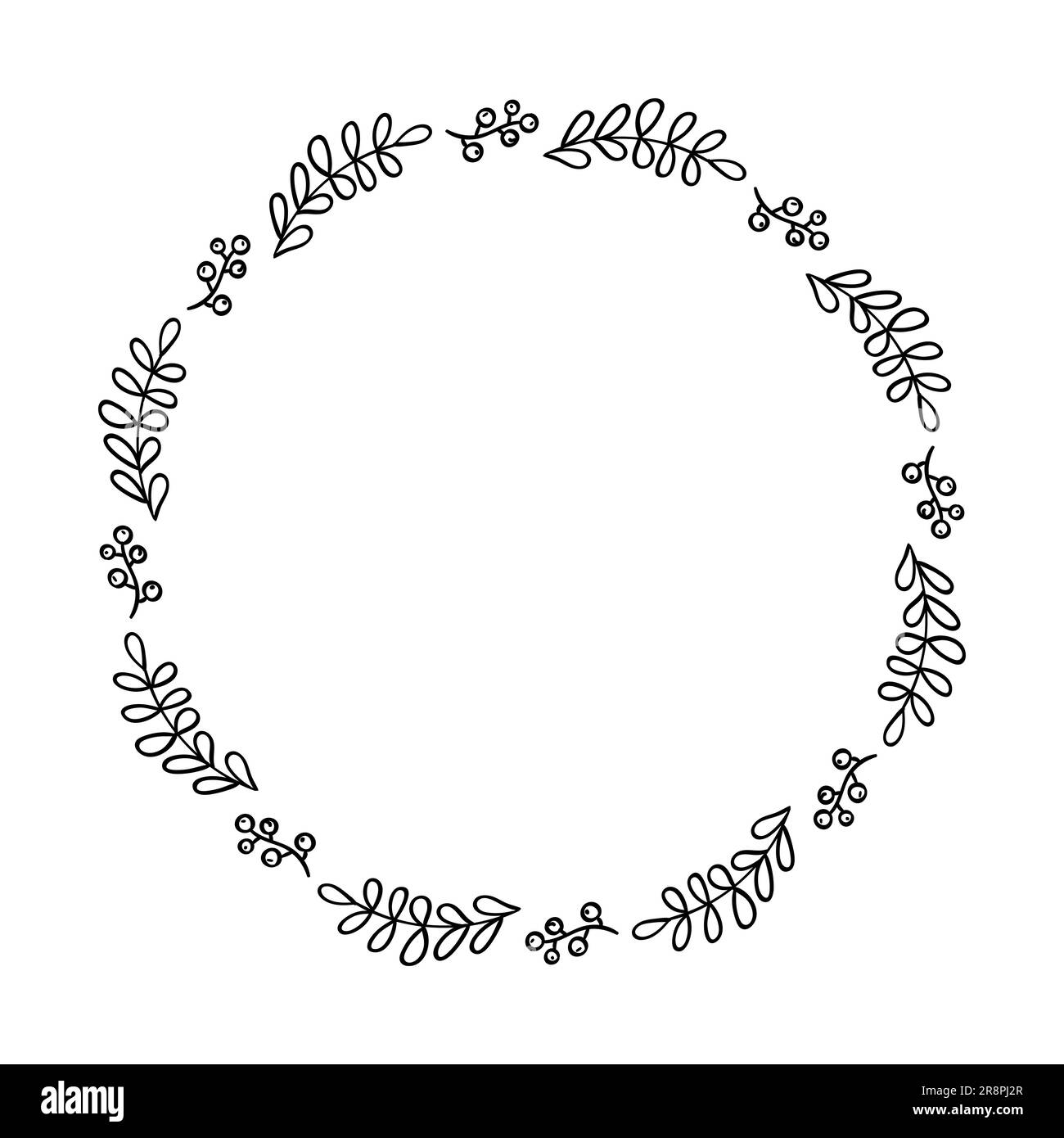 Hand drawn doodle floral frame. Berries and leaves. Simple line with ...