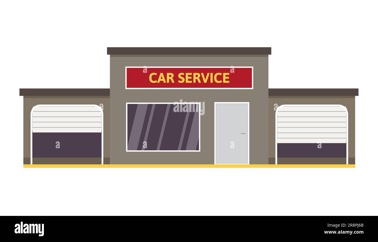 Car service and repair building with two opened gray garages ...