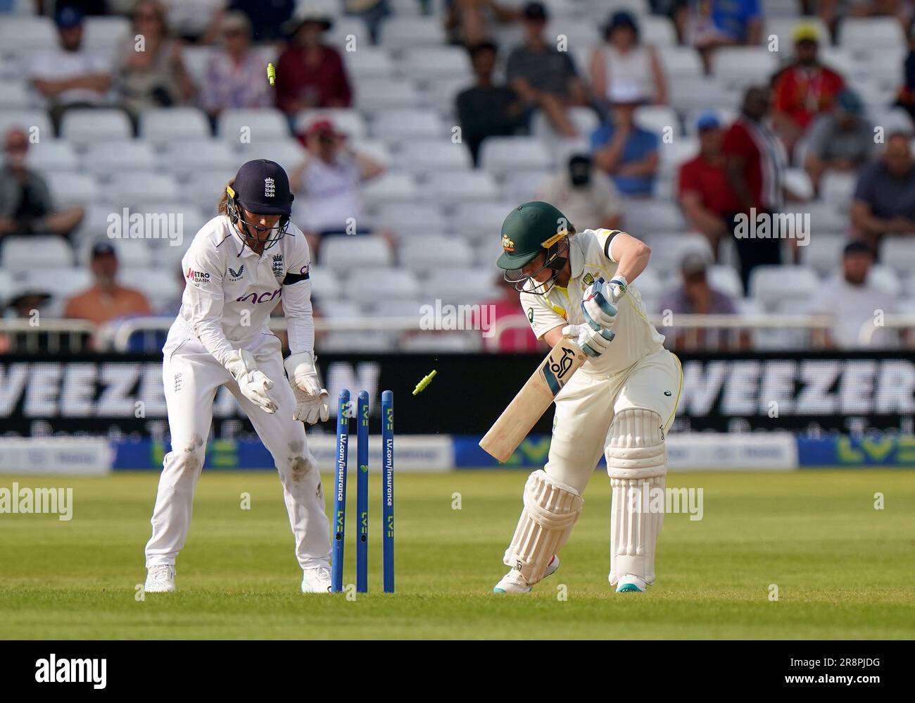 Australia's Alyssa Healy is bowled for a duck by England's Sophie ...