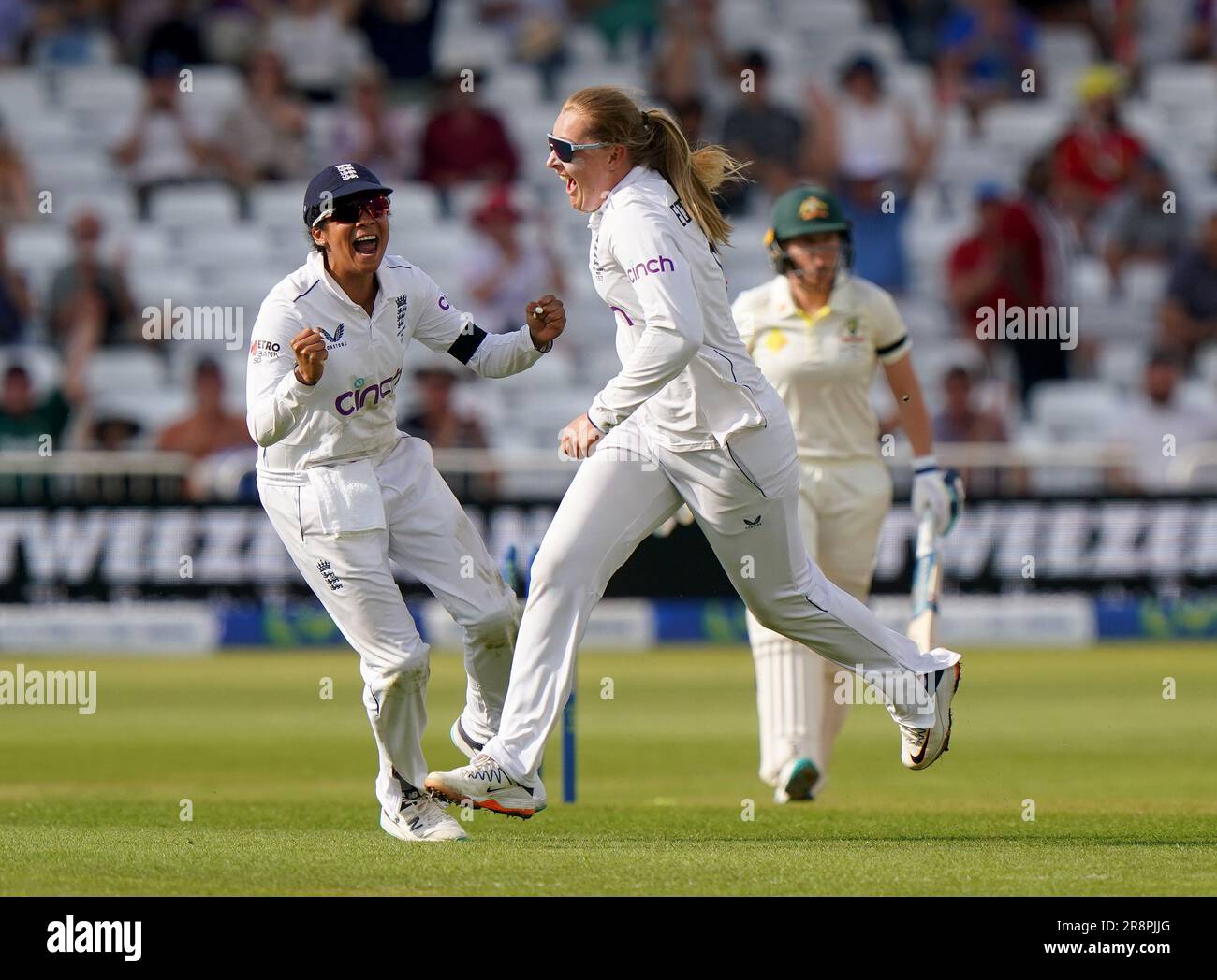 England's Sophie Ecclestone celebrates taking the wicket of Australia's ...