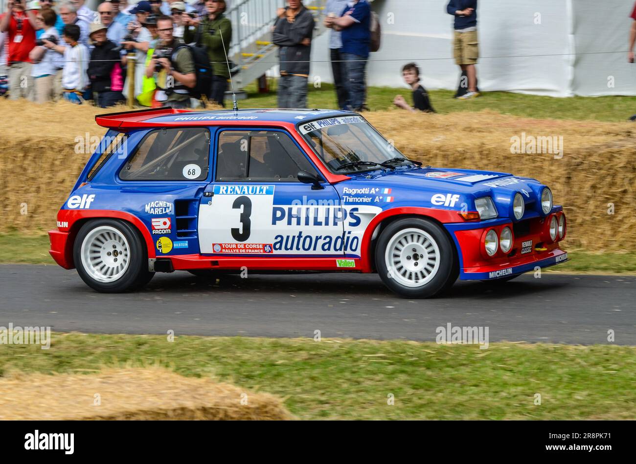 Renault 5 Maxi Turbo rally car racing up the hill climb at the Goodwood ...