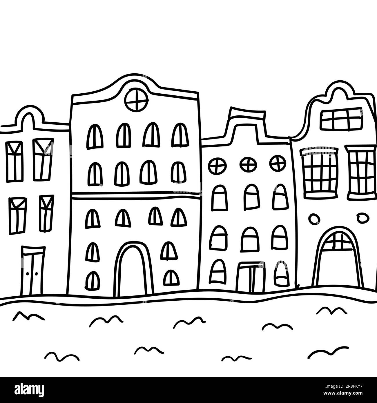 hand drawn doodle Dutch houses. Amsterdam street with homes with ...
