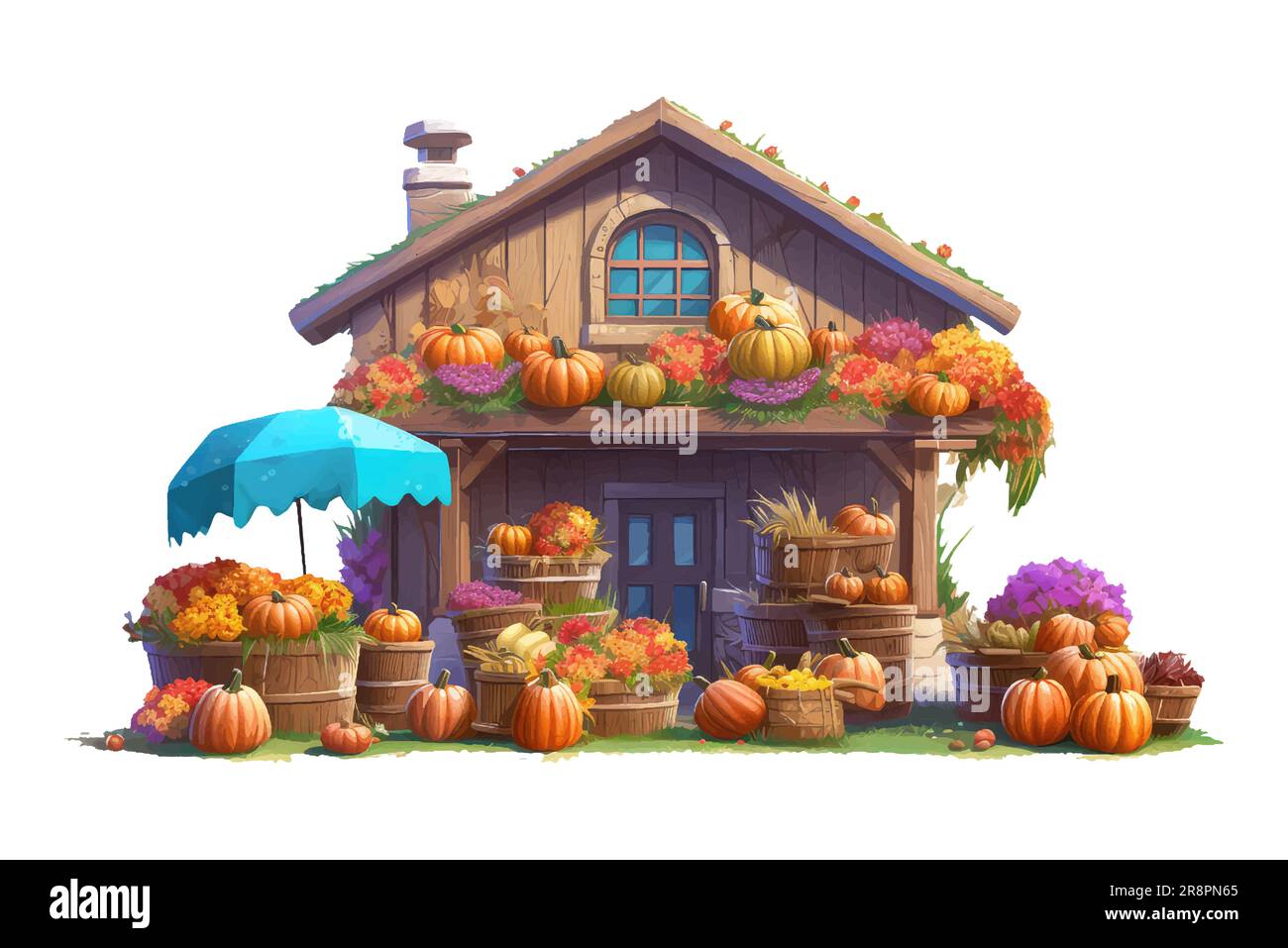 ui set vector illustration of autumn pumpkin fair near garden house ...
