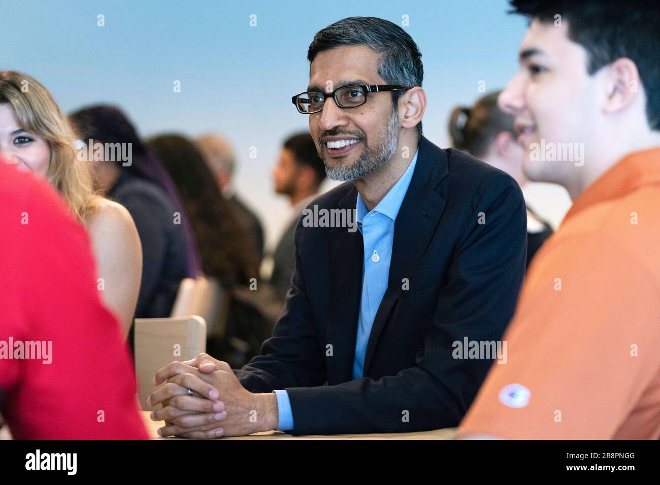 Google CEO Sundar Pichai greets college students during a workshop at ...