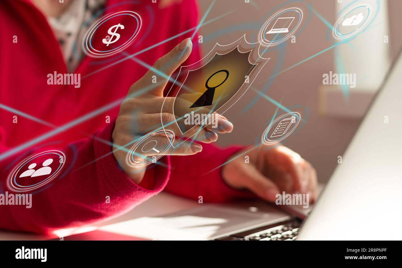 Cyber security concept, Person hand touching cyber security icon on ...