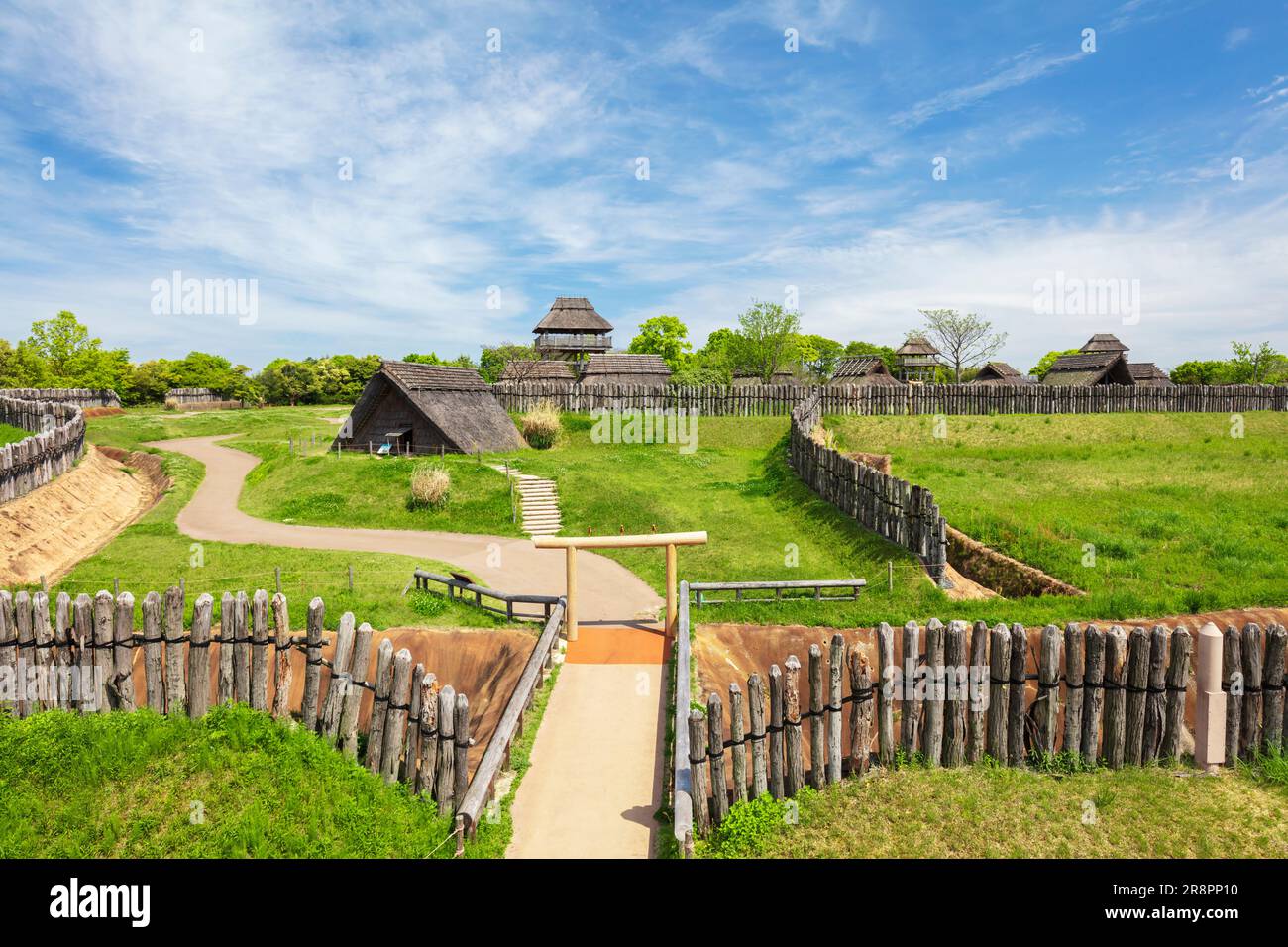Moat encircling and southern inner wall in Yoshinogari History Park ...