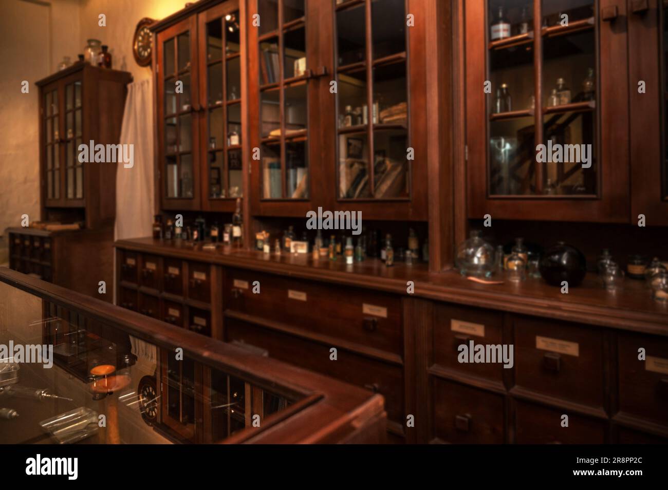 Vintage medications in old pharmacy, history concept background. Retro ...