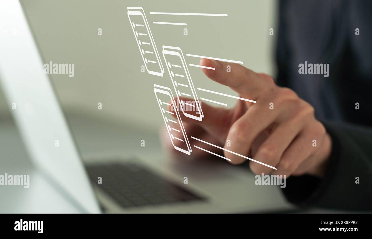 business technology hologram business icon virtual screen. A man typing hologram screen ...