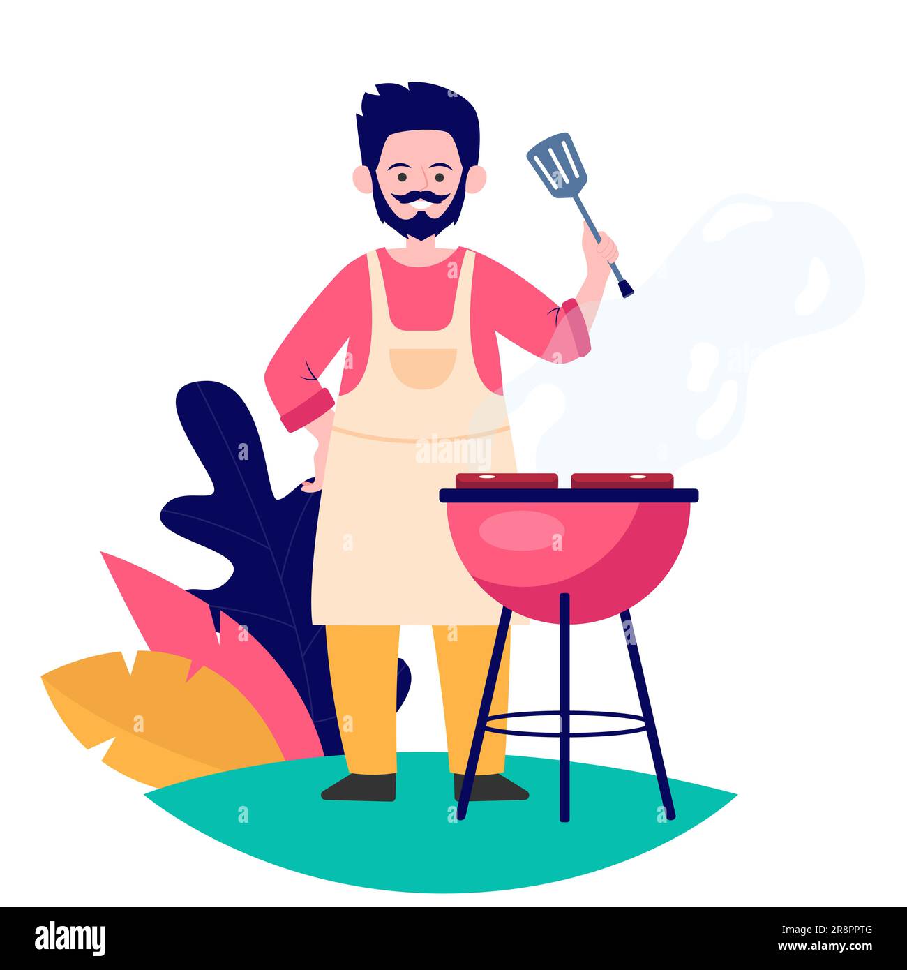 Man fried meat on nature flat vector illustration Stock Vector Image ...