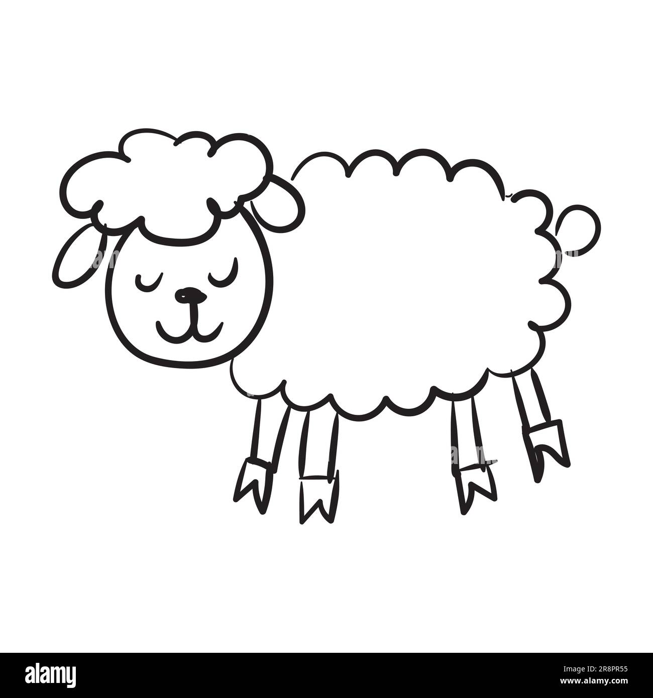 Hand drawn cute sheep vector illustration coloring page. Simle black line in doodle style. Easy ...