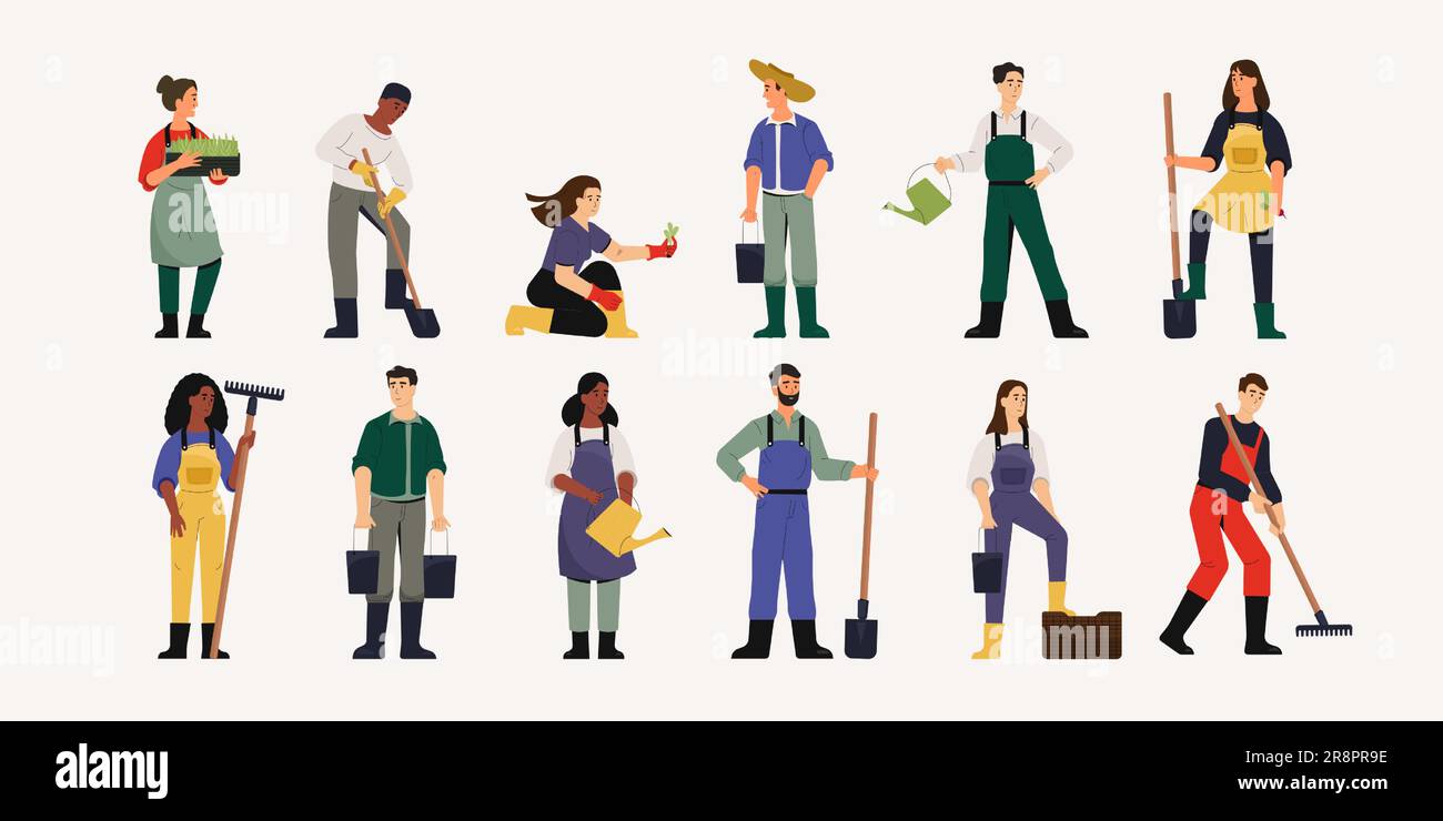 Farmer Characters Collection Cartoon Agriculture Workers With Organic Gardening Tools Farm
