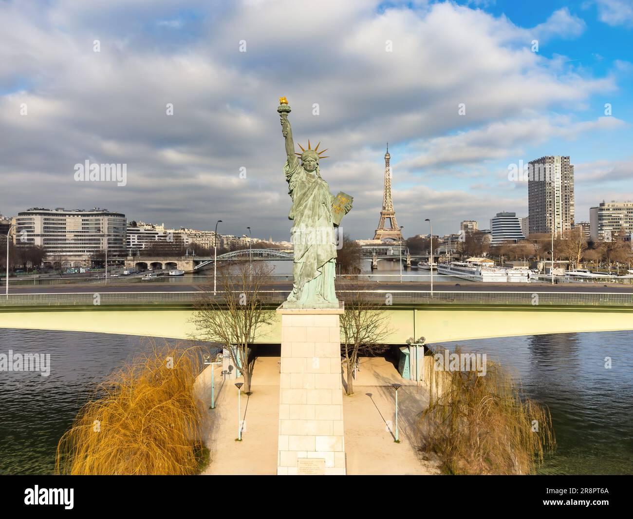 Aerial drone view of the the Statue of Liberty of Paris, France, with ...