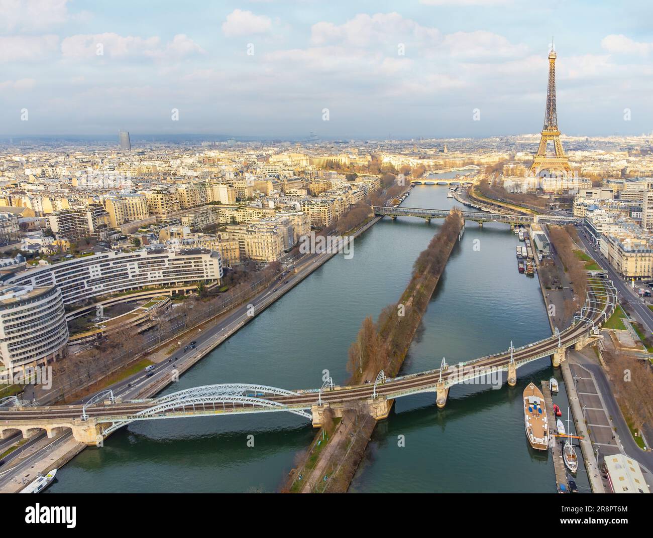 Aerial drone view of the Eiffel Tower. Wrought-iron lattice tower on ...
