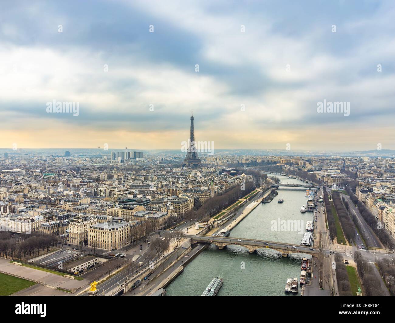 Aerial drone cityscape of Paris France, with the Eiffel Tower over the ...