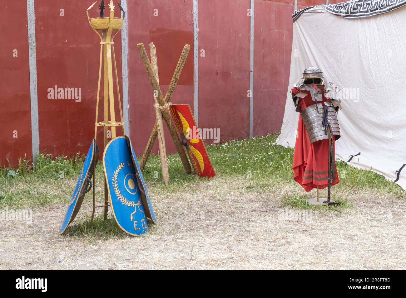 outdoor scene in horizontal view with shields and clothing of legionary ...