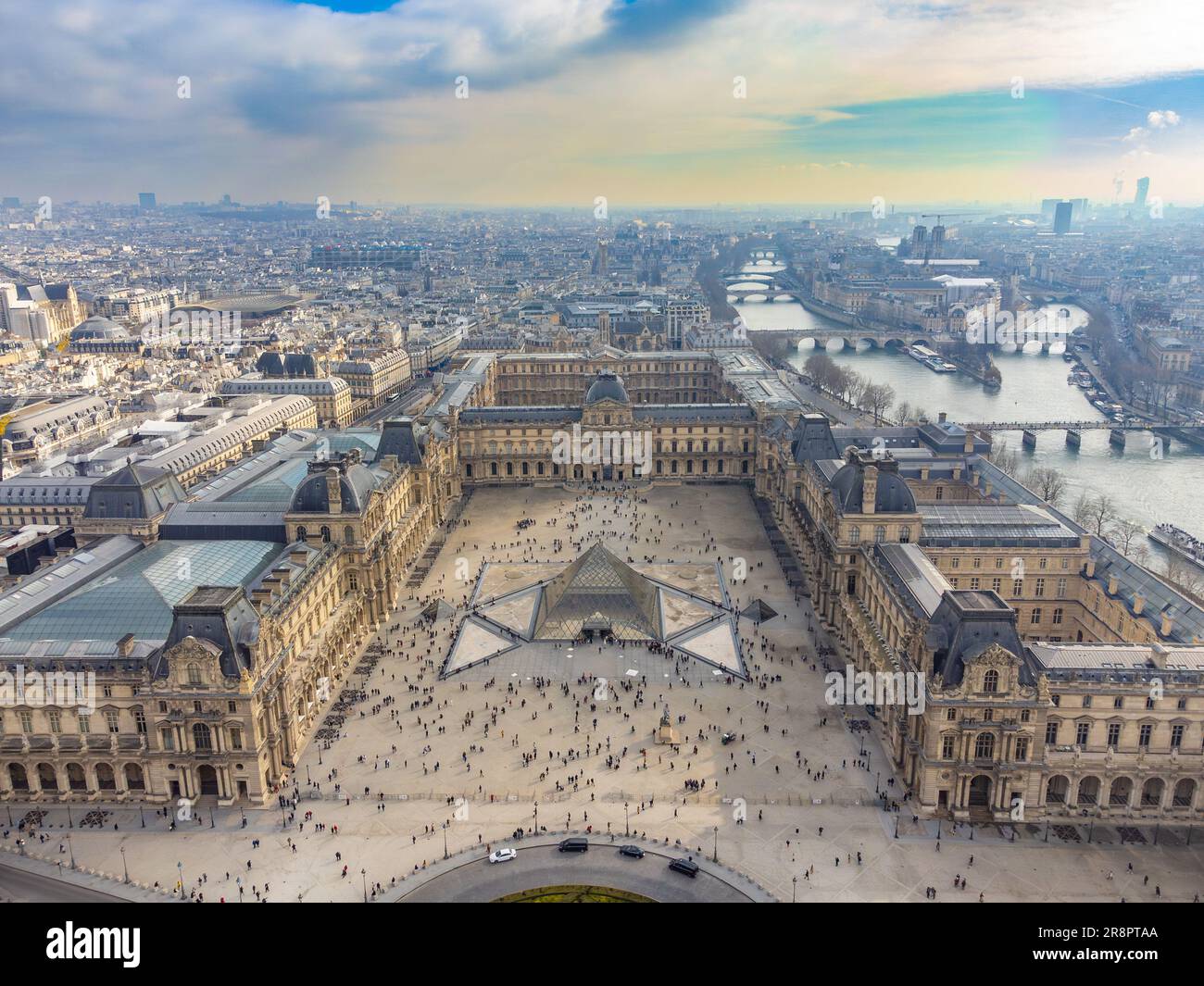 Aerial drone view of the Louvre palace and museum, one of the most ...