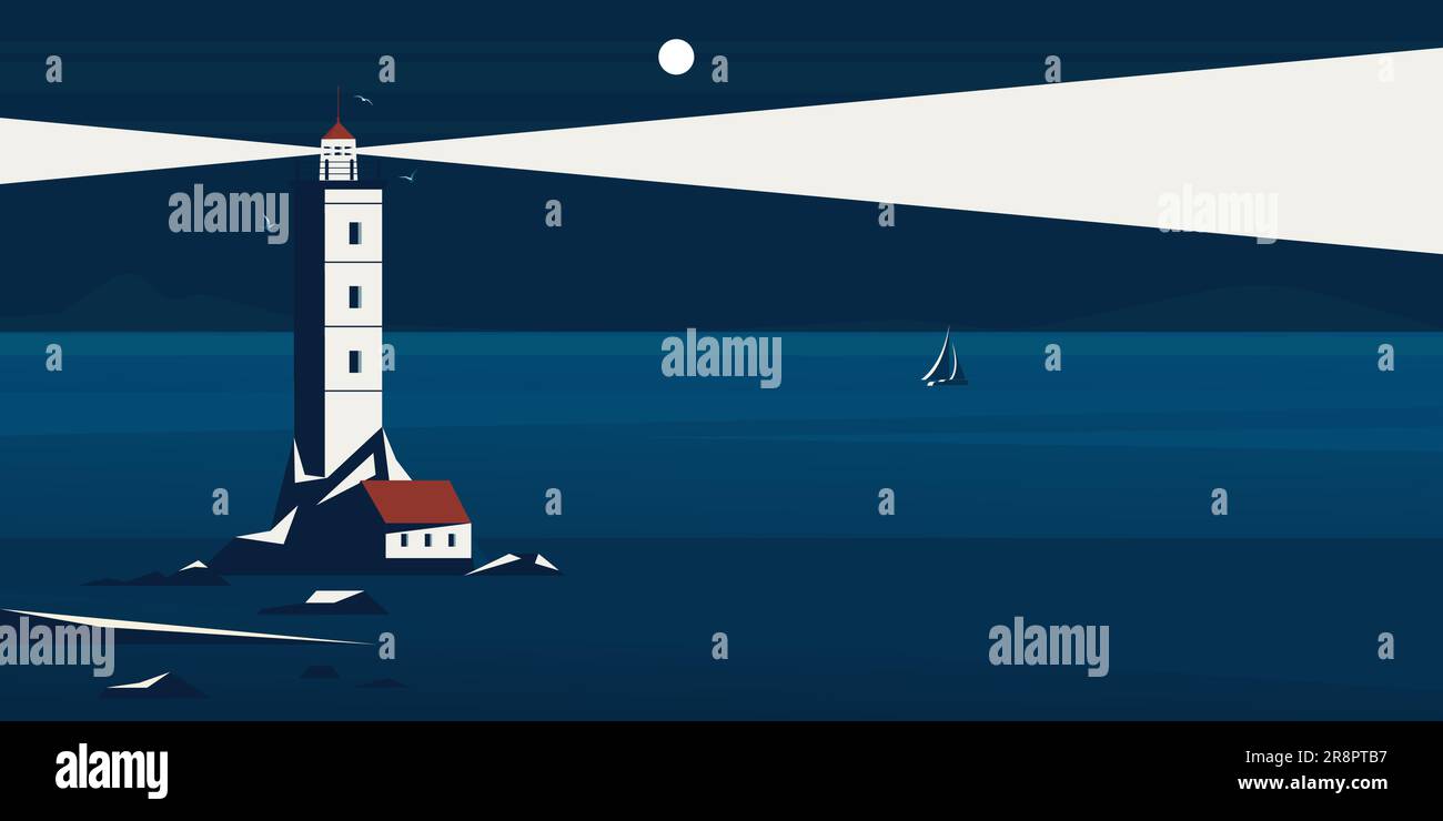 Night lighthouse landscape. Cartoon lighthouse with searchlight beam ...