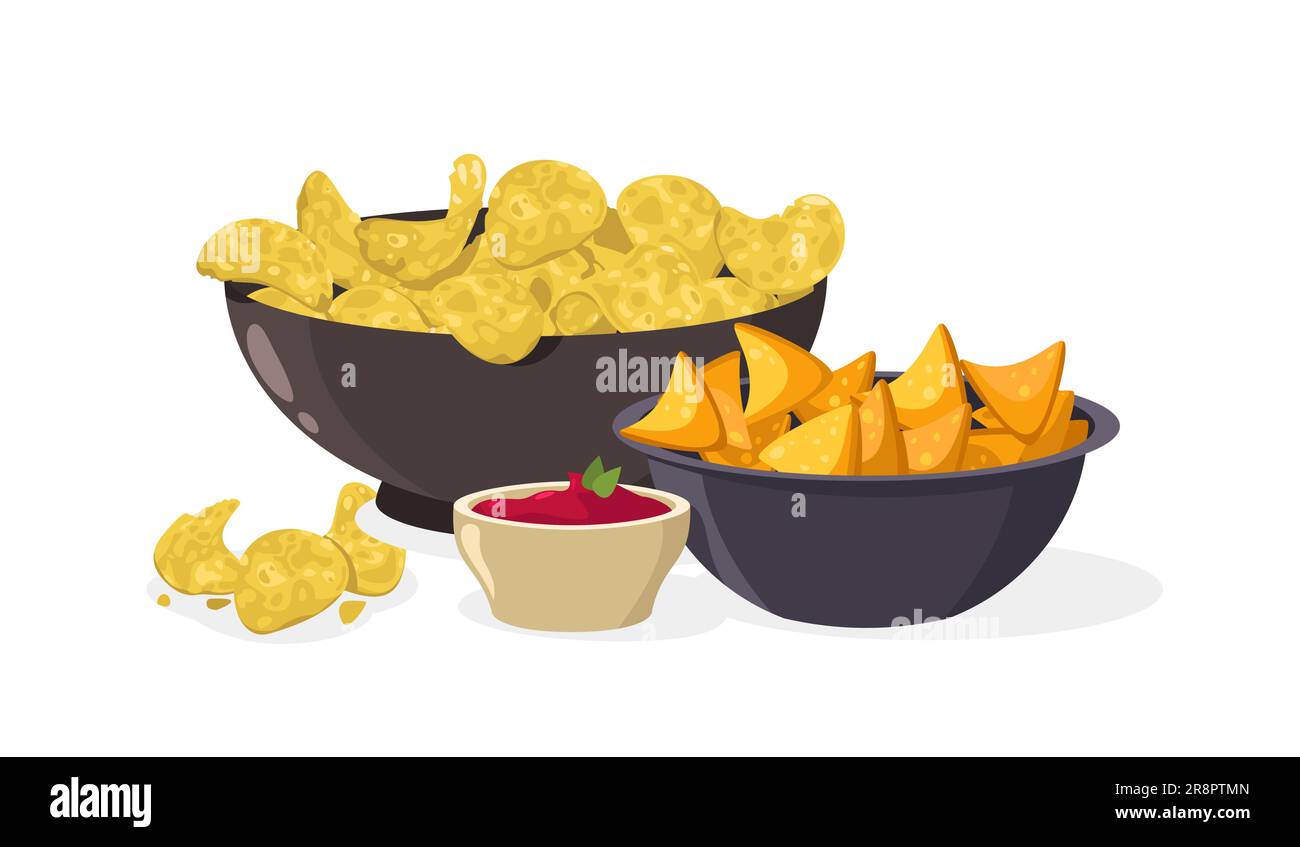 Cartoon chips in bowl. Yellow crispy fried potato snack in bowl ...