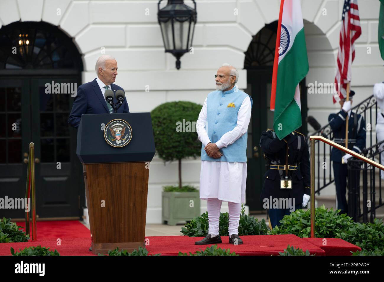 United States President Joe Biden, left, makes remarks as he and first ...