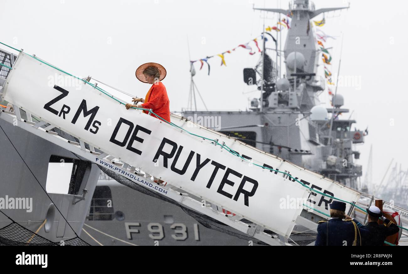 Antwerp, Belgium. 22nd June, 2023. Queen Mathilde pictured boarding the ZM De Ruyter frigate ...