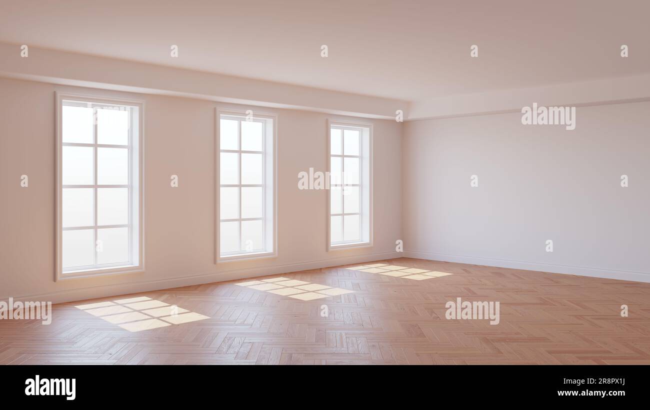 Beautiful Sunny Interior with White Walls, Three Large Windows, White ...