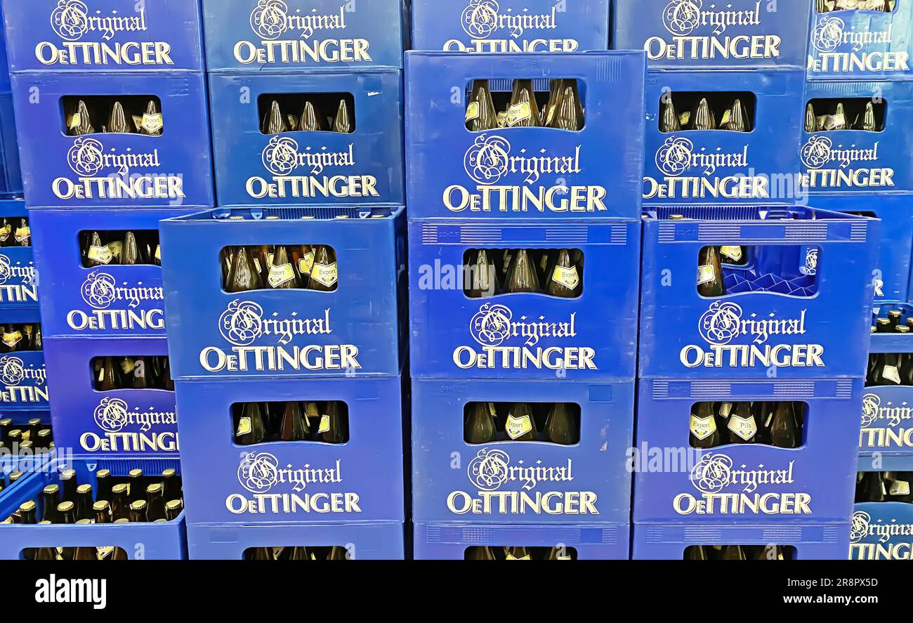 Viersen, Germany - June 9. 2023: Many stacked blue Oettinger beer ...