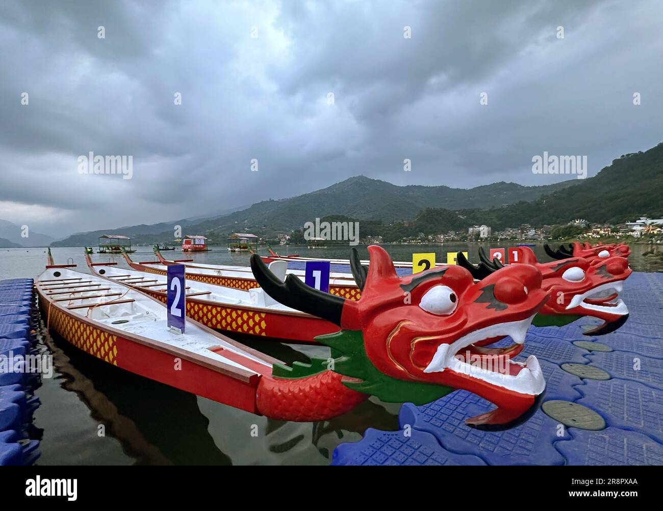 June 22, 2023, Pokhara, Gandaki, Nepal: Dragon shaped boats get ready ...