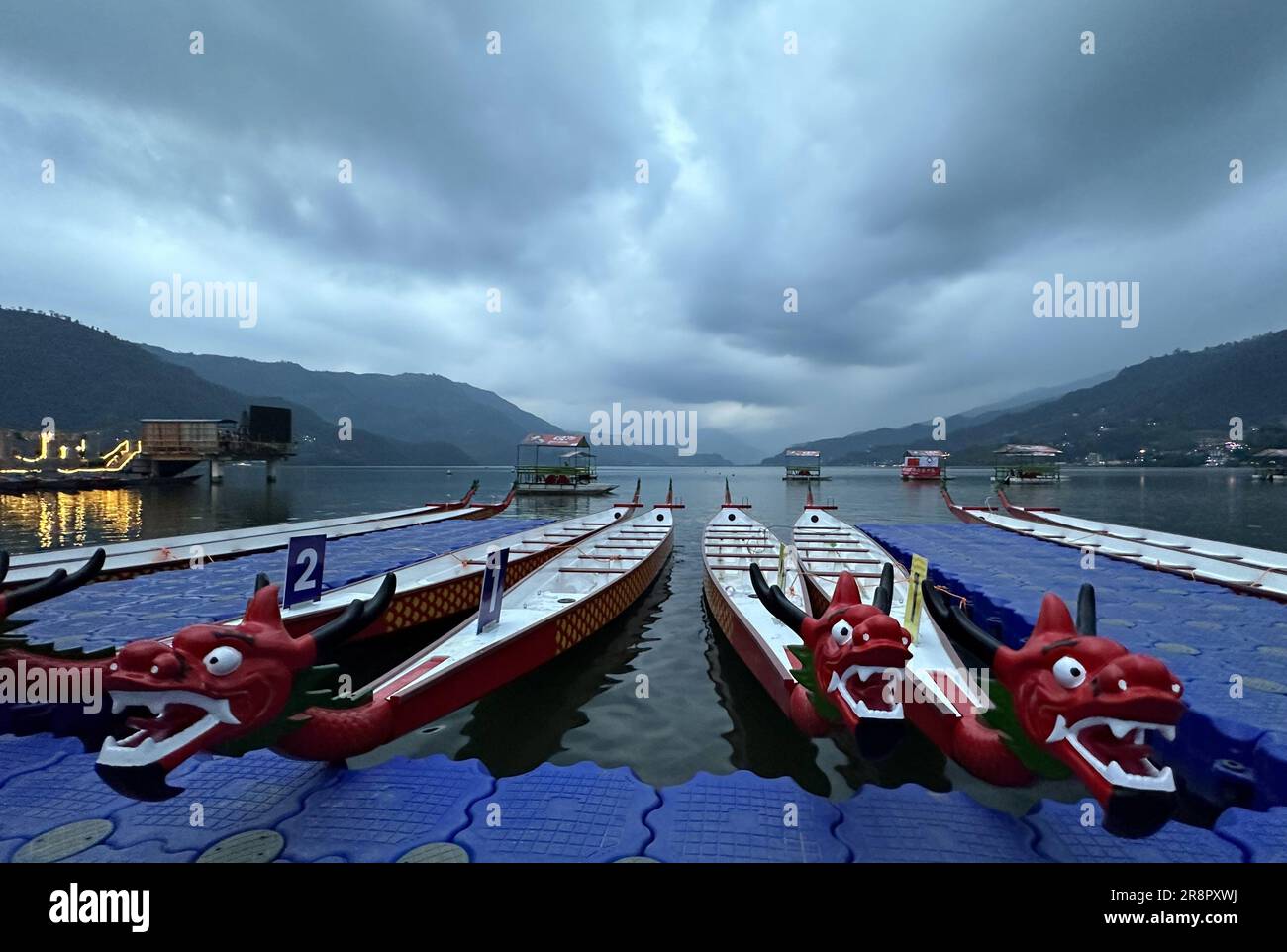 June 22, 2023, Pokhara, Gandaki, Nepal: Dragon shaped boats get ready ...