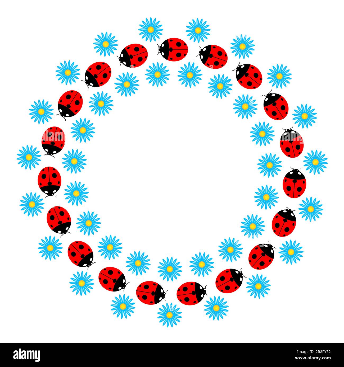 Round decorative summer frame with ladybugs and blue flowers design ...