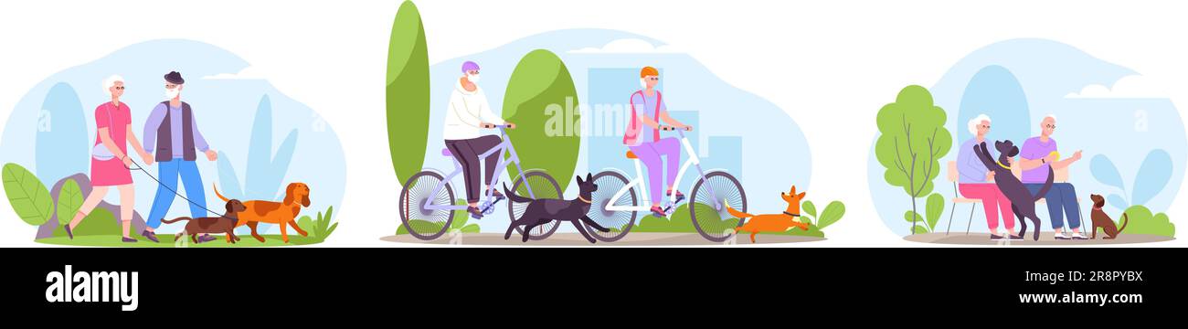 Elderly people walk dogs. Aged married couple walking with dog outdoor ...