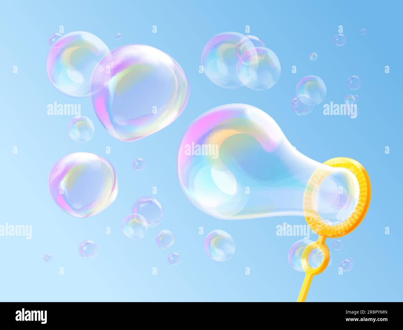 3d blowing bubbles. Realistic soap bubble flying from wand, kids foam ...