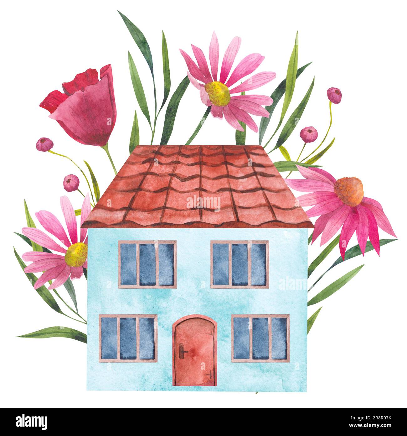Watercolor illustration of a house in California poppy, cosmea flower ...