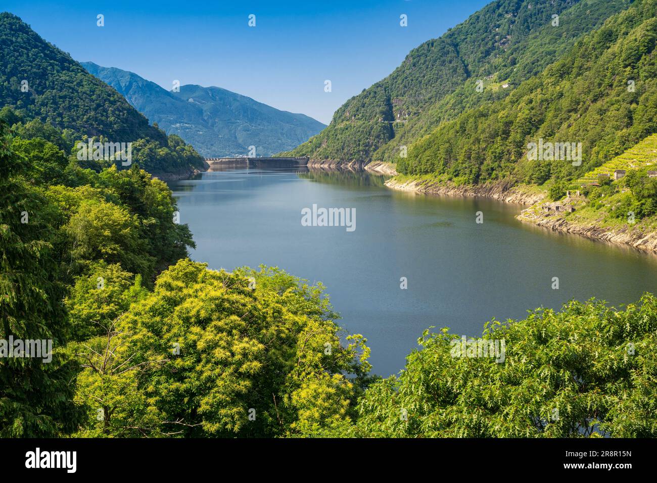 Lago di Vogorno lake, reservoir in the Verzasca valley, Ticino ...