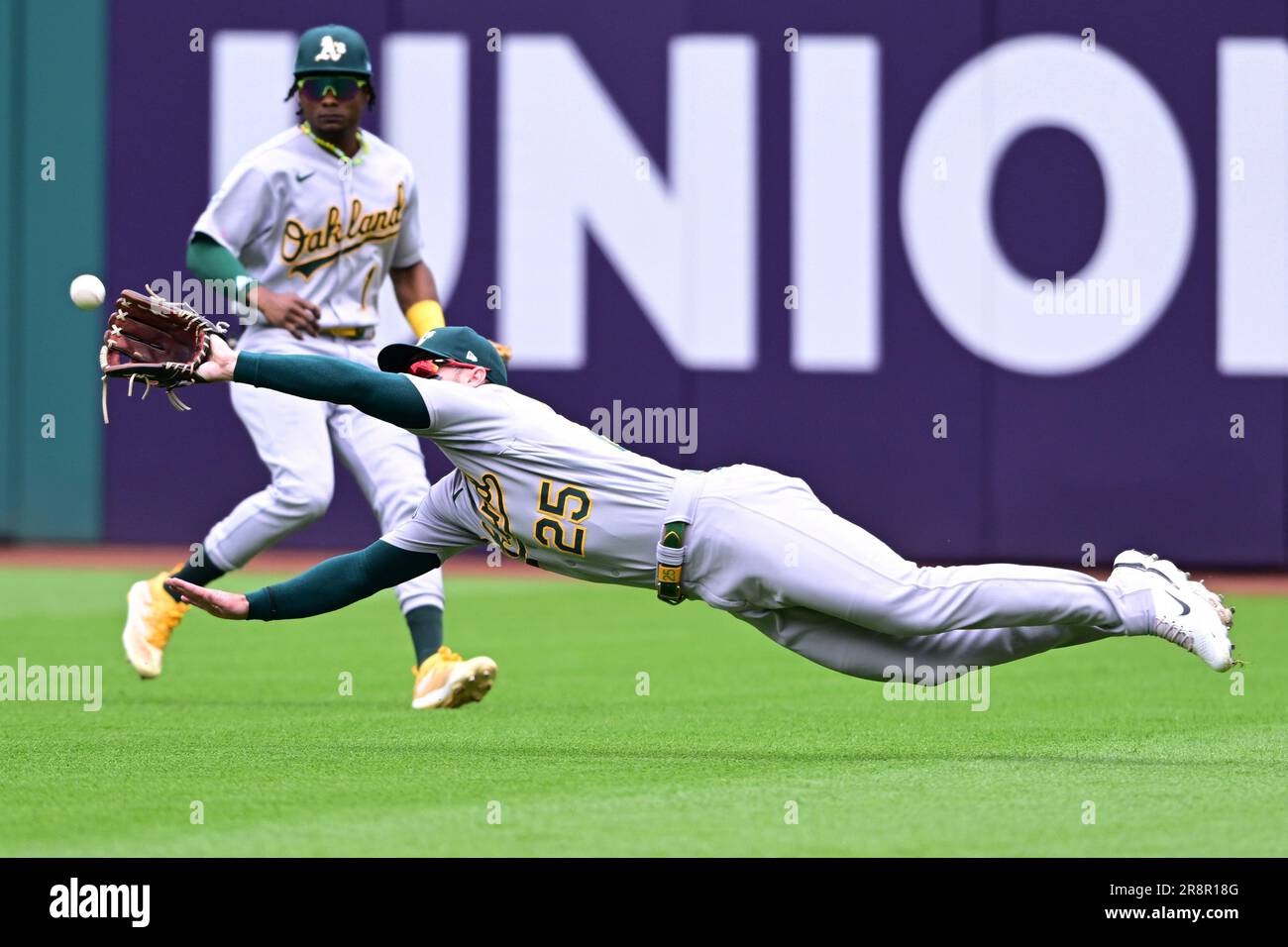Oakland Athletics right fielder Brent Rooker catches a ball hit by ...