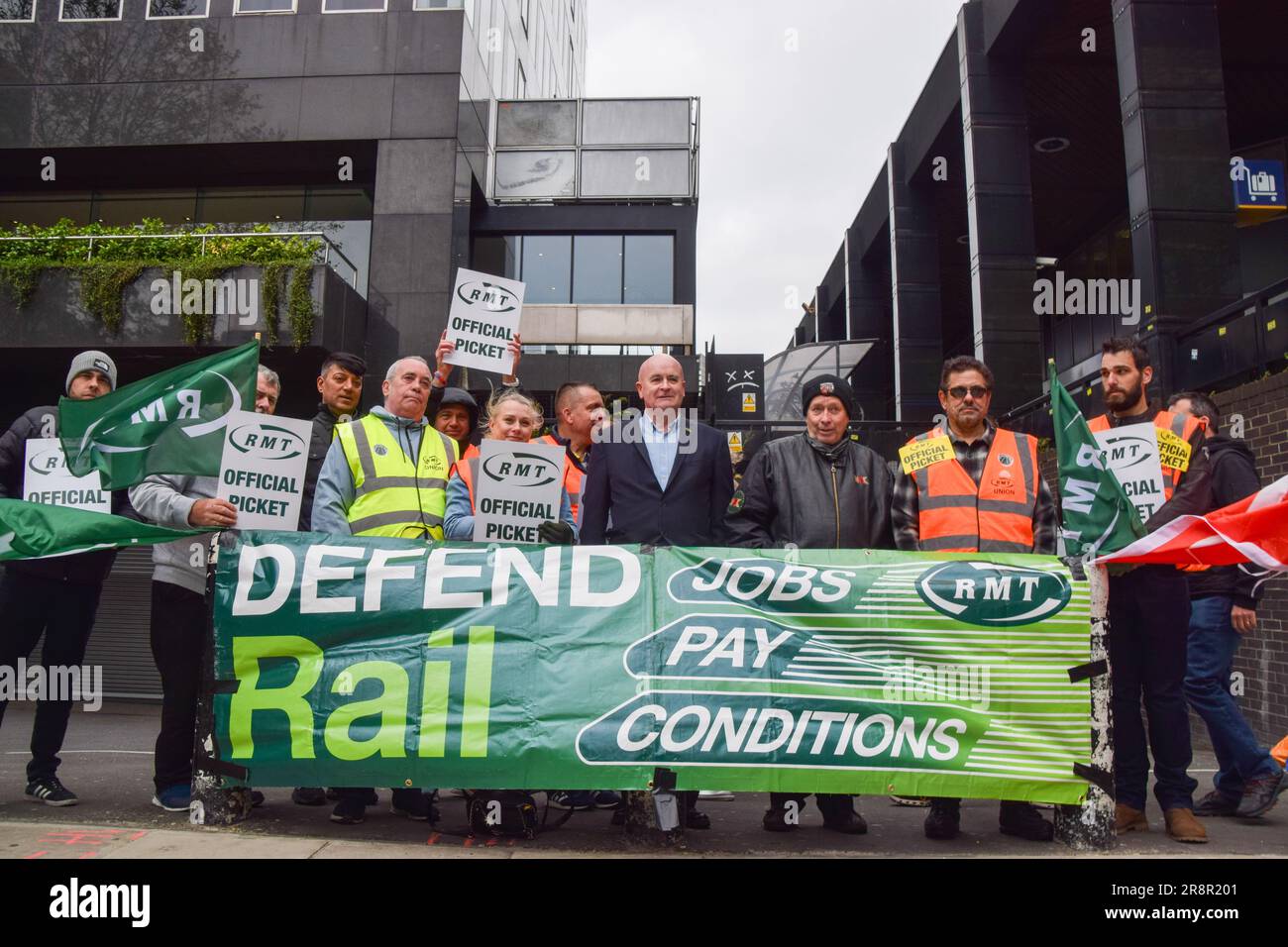 London, UK. 2nd June 2023. RMT General Secretary Mick Lynch (centre ...