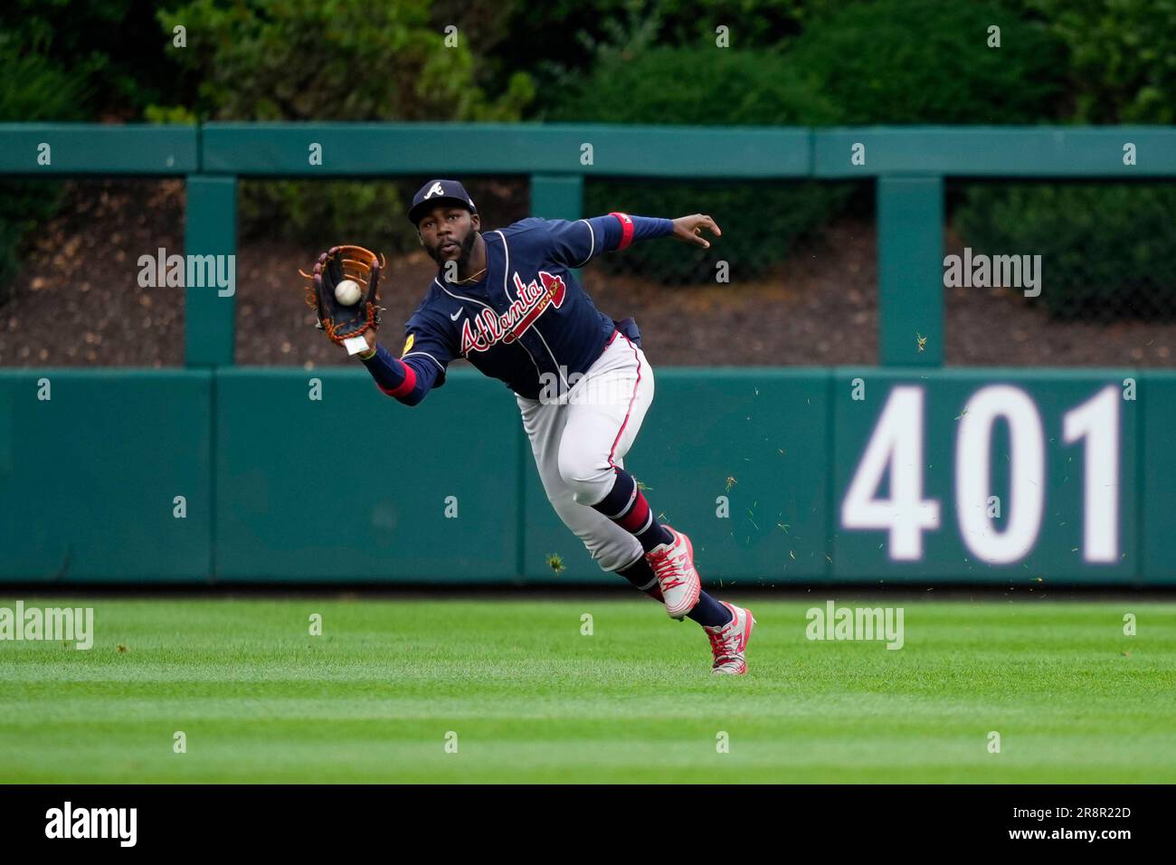 Atlanta Braves center fielder Michael Harris II catches a fly out by ...