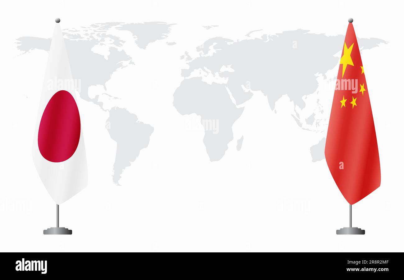 Japan and China flags for official meeting against background of world ...