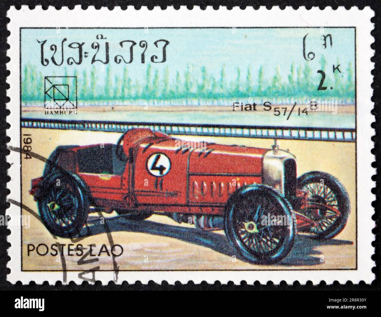 LAOS - CIRCA 1984: a stamp printed in Laos shows Fiat S 57/14B, Italian ...