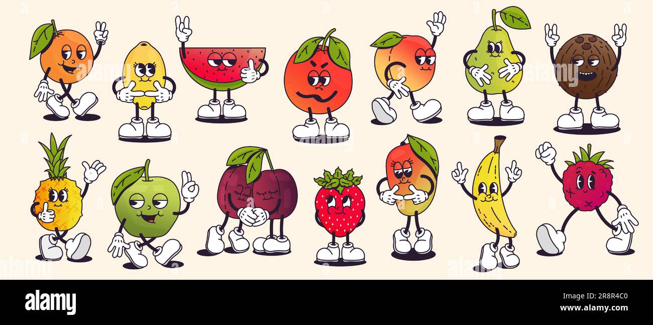 Retro cartoon fruits. Cartoon cute apple, orange and grapefruit faces ...