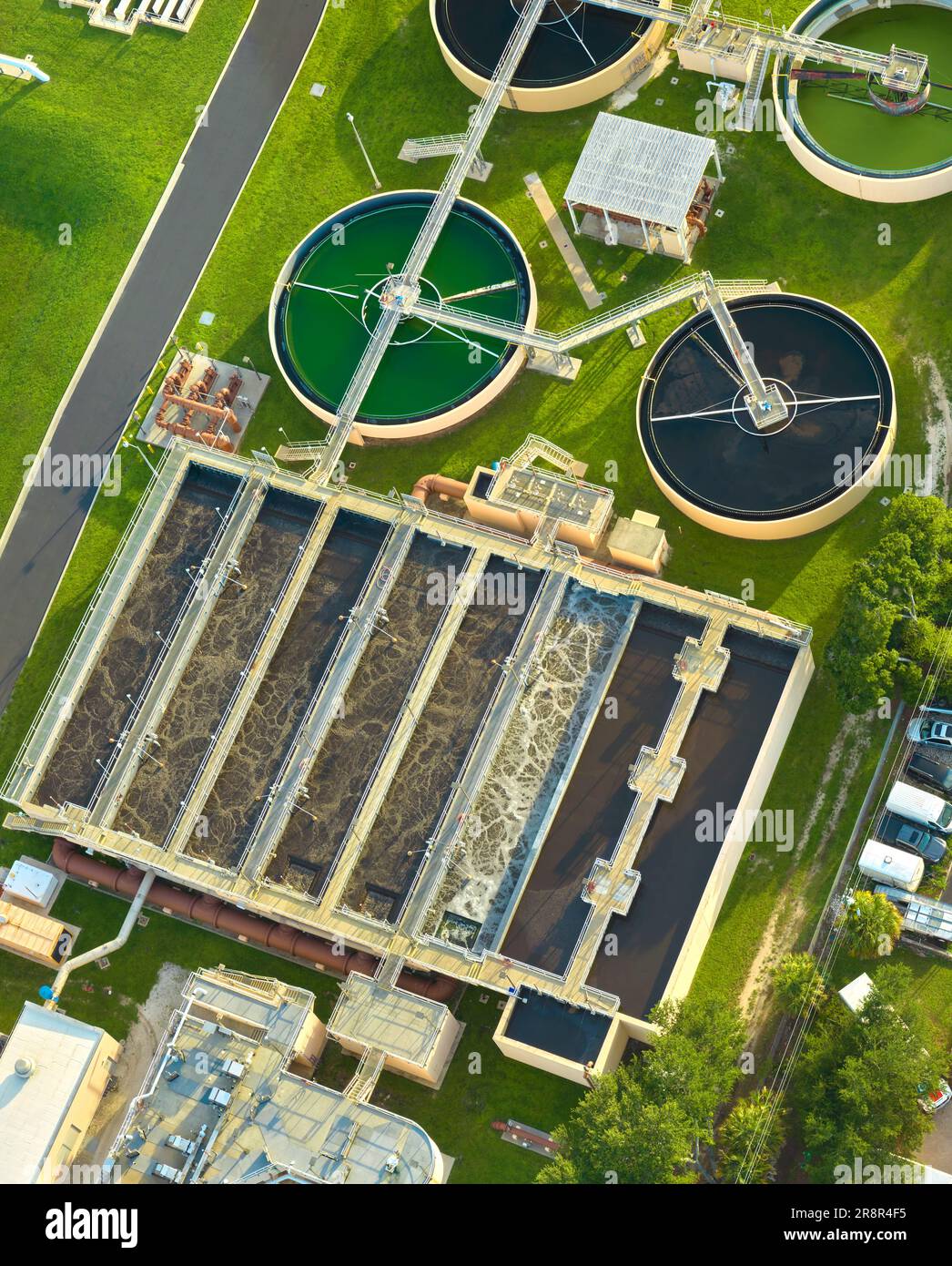 Aerial view of modern water cleaning facility at urban wastewater ...