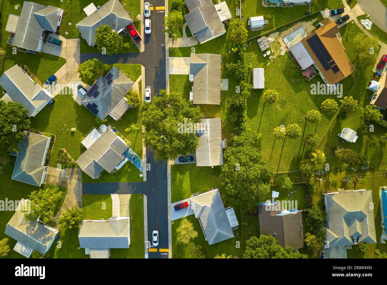 Aerial view of small town America suburban landscape with private homes ...