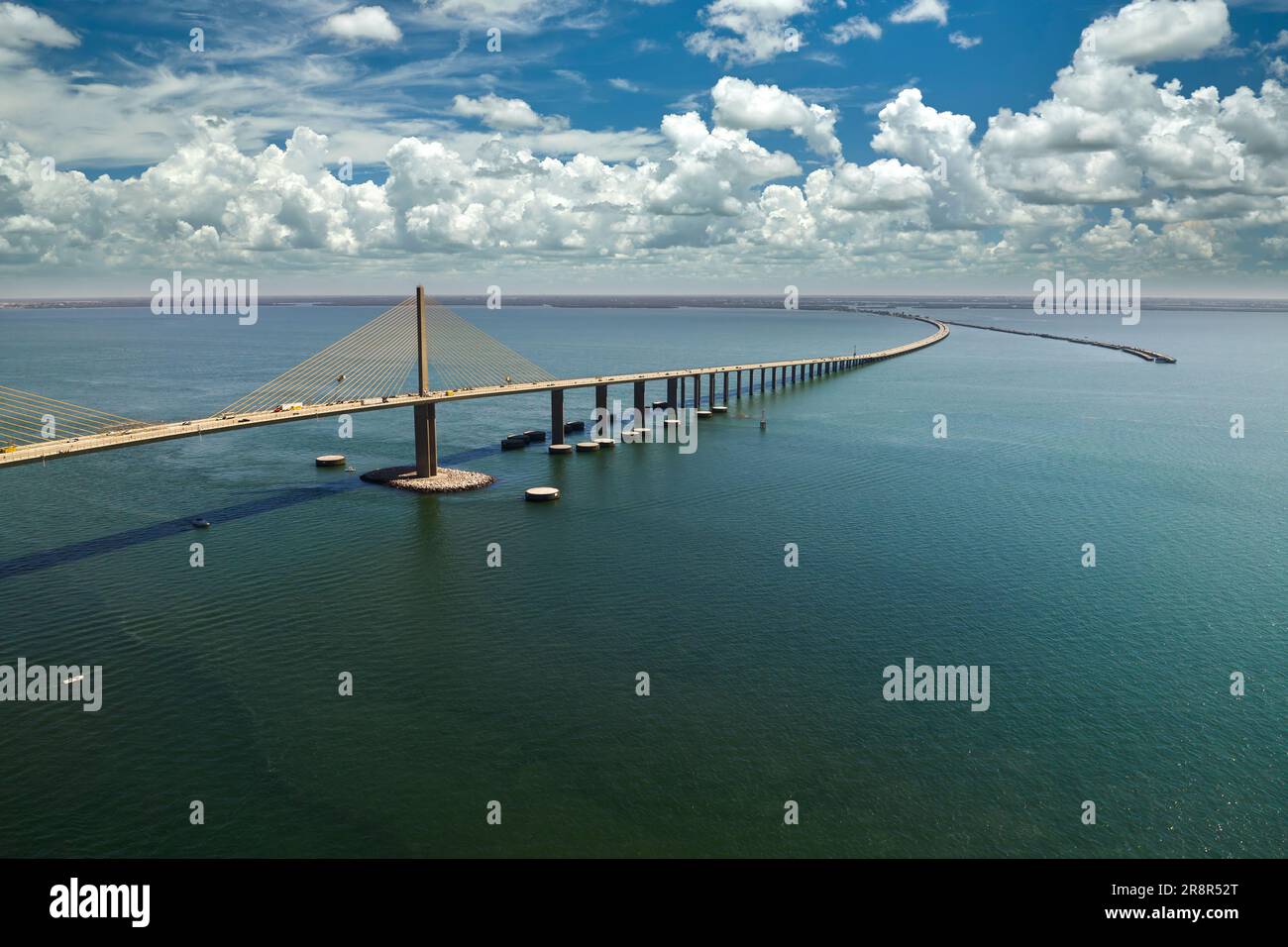 Aerial view of Sunshine Skyway Bridge over Tampa Bay in Florida with ...