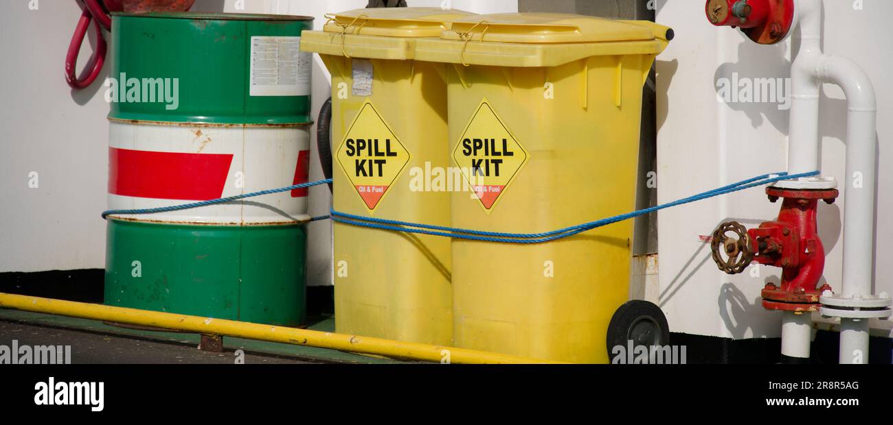 Spill kit yellow wheelie bin for health and safety of chemical, oil ...