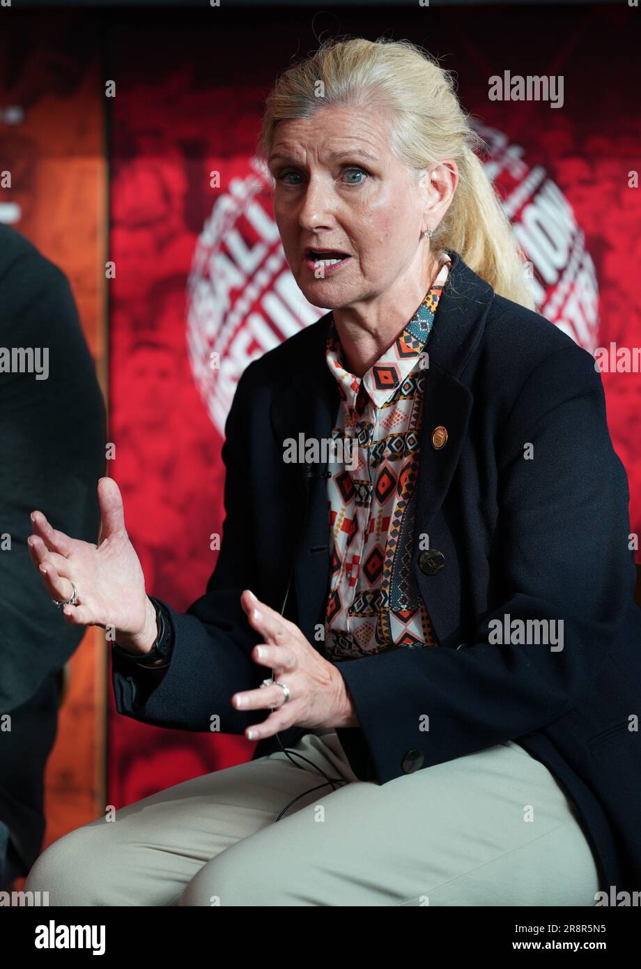 FIFA Vice-President Debbie Hewitt MBE speaks during the European ...