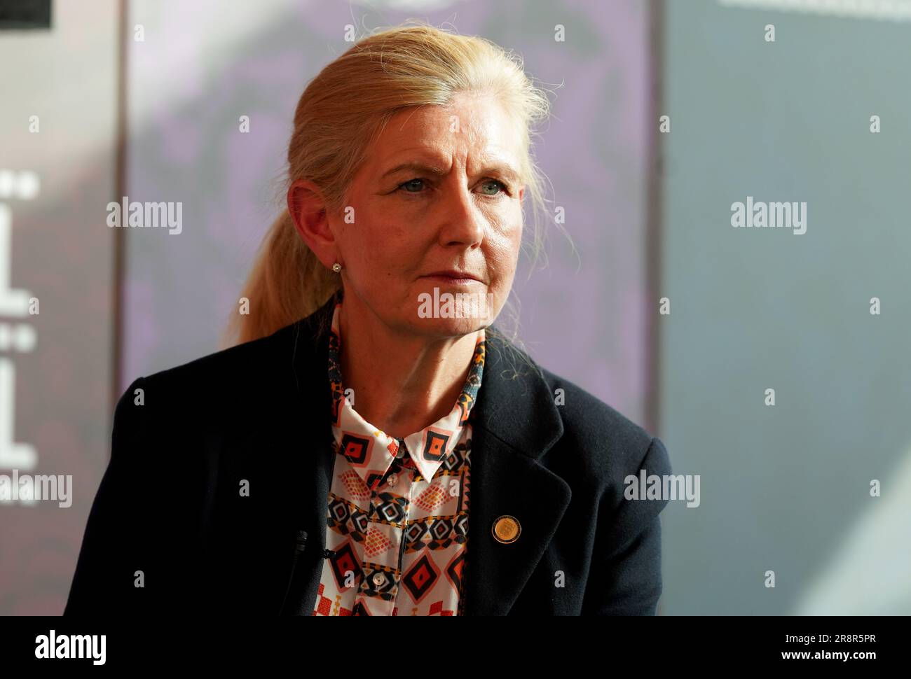 FIFA Vice-President Debbie Hewitt MBE speaks during the European ...