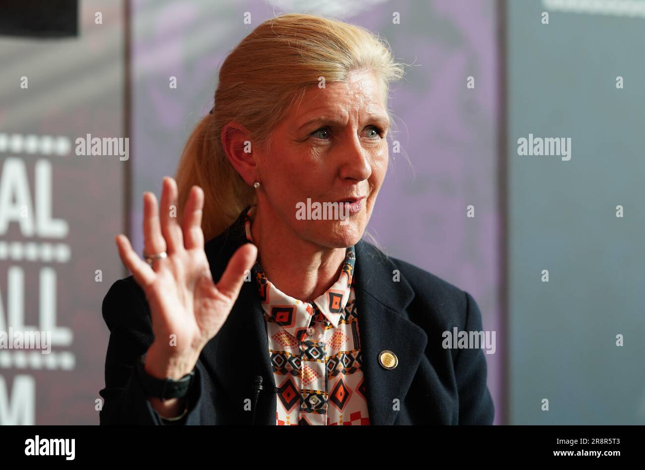FIFA Vice-President Debbie Hewitt MBE speaks during the European ...
